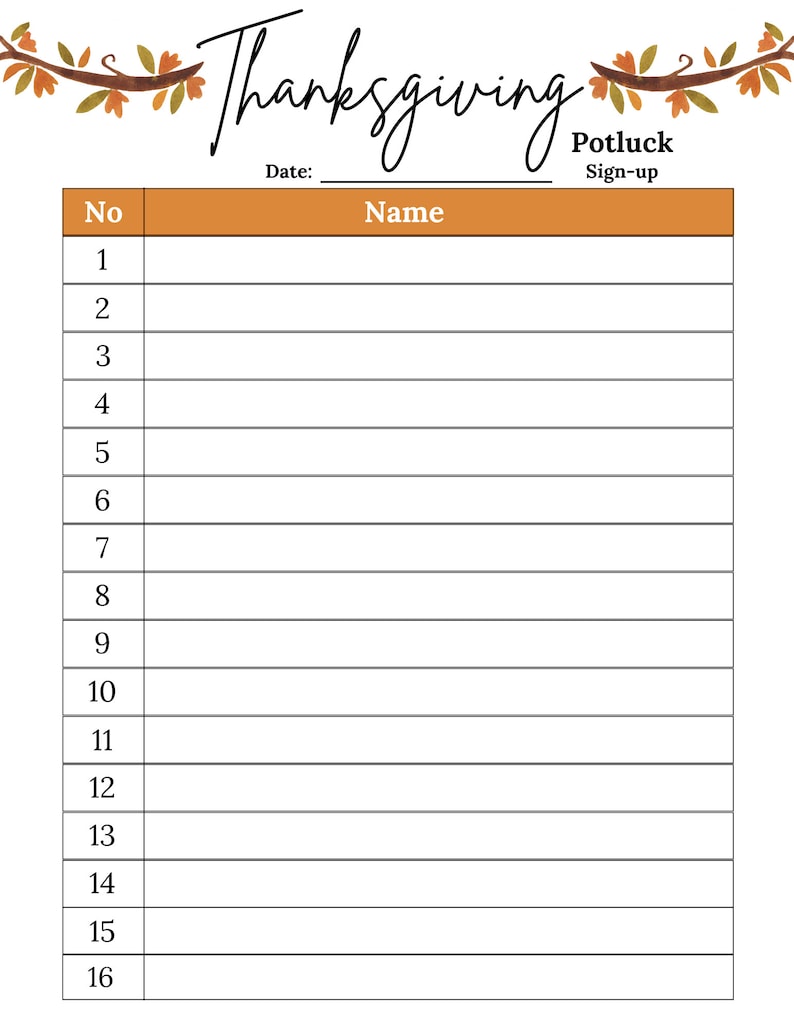 Potluck Sign up Sheet Thanksgiving Potluck Sign up Sheet Thanksgiving ...