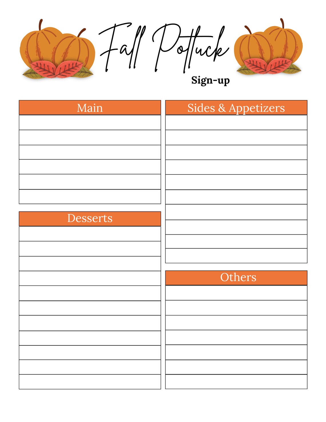 Potluck Sign up Sheet Fall Potluck Sign up Sheet - Etsy UK