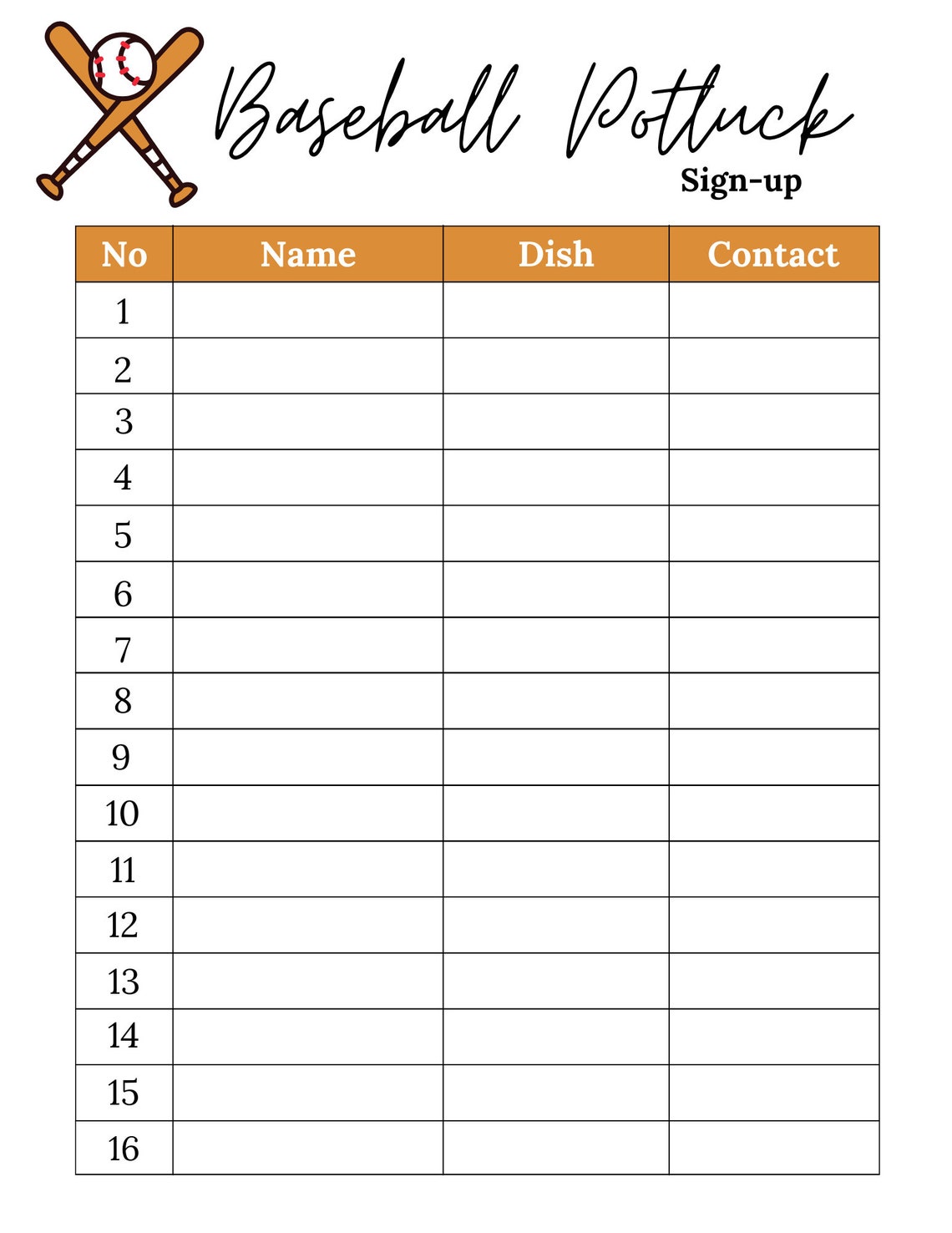 Baseball Potluck Sign up Sheet Baseball Potluck Sheet - Etsy Canada