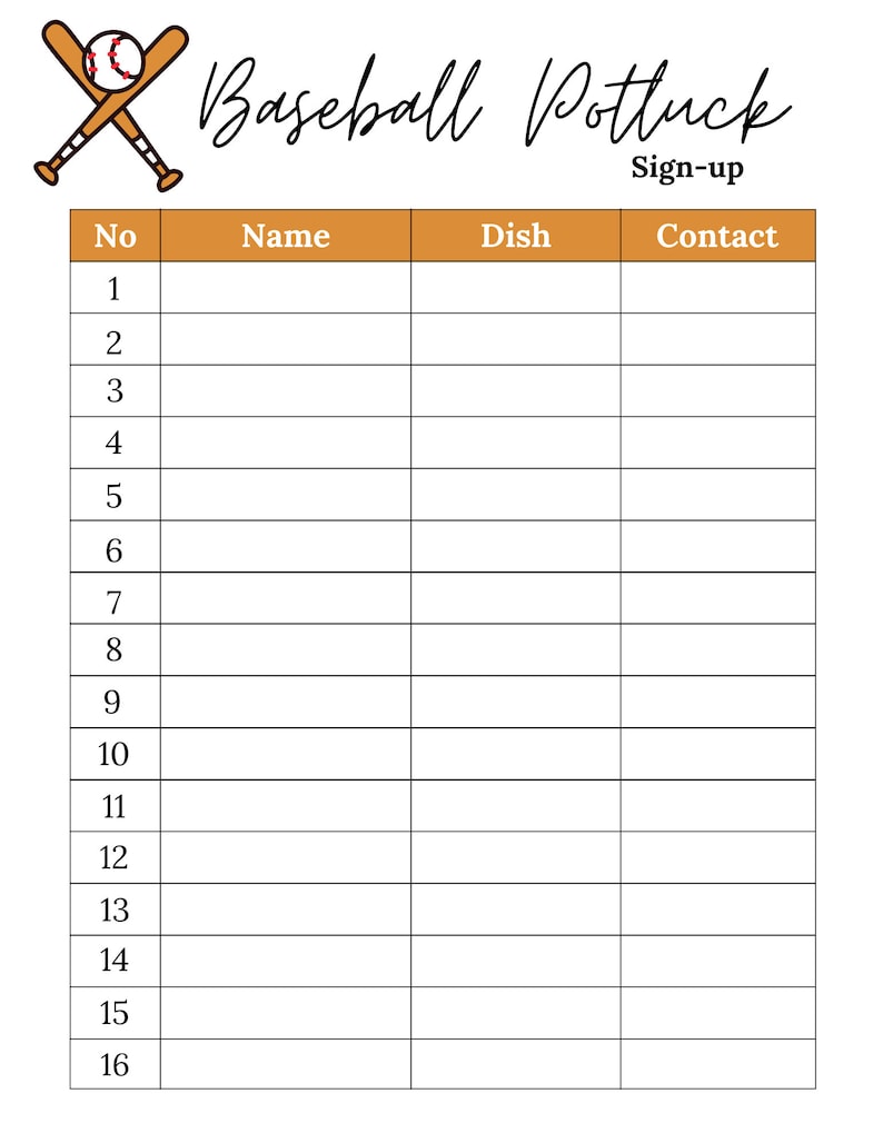 Baseball Potluck Sign up Sheet Baseball Potluck Sheet Sports Potluck ...