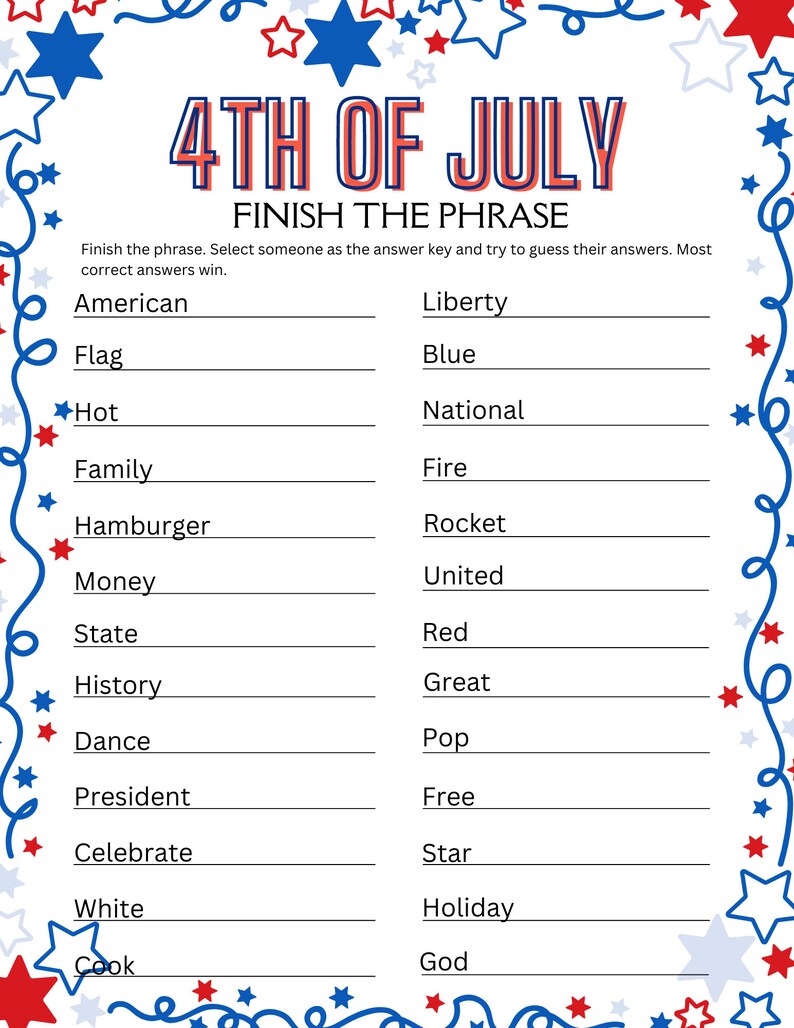 Finish the Phrase 4th of July Game | Independence Day Printable Games ...
