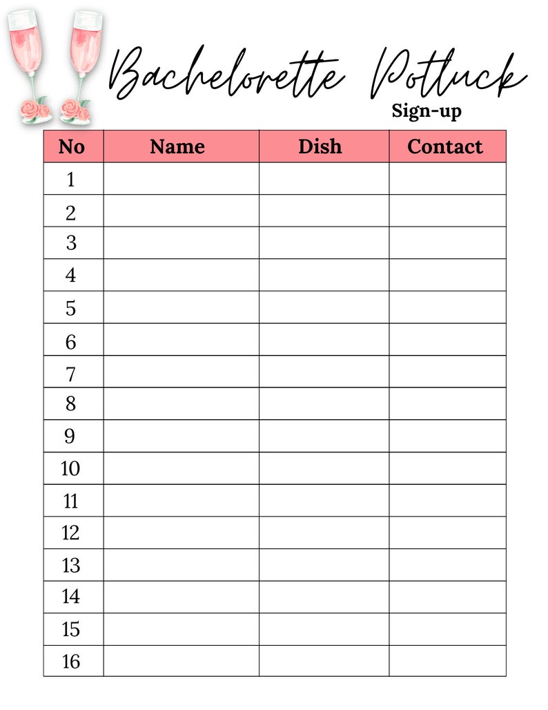 Potluck Sign up Sheet | Bachelorette Potluck Sign up Sheet ...