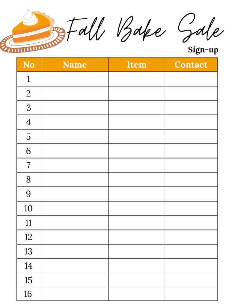 Fall Bake Sale Sign up Sheet Bake Sale Sheet Printable - Etsy