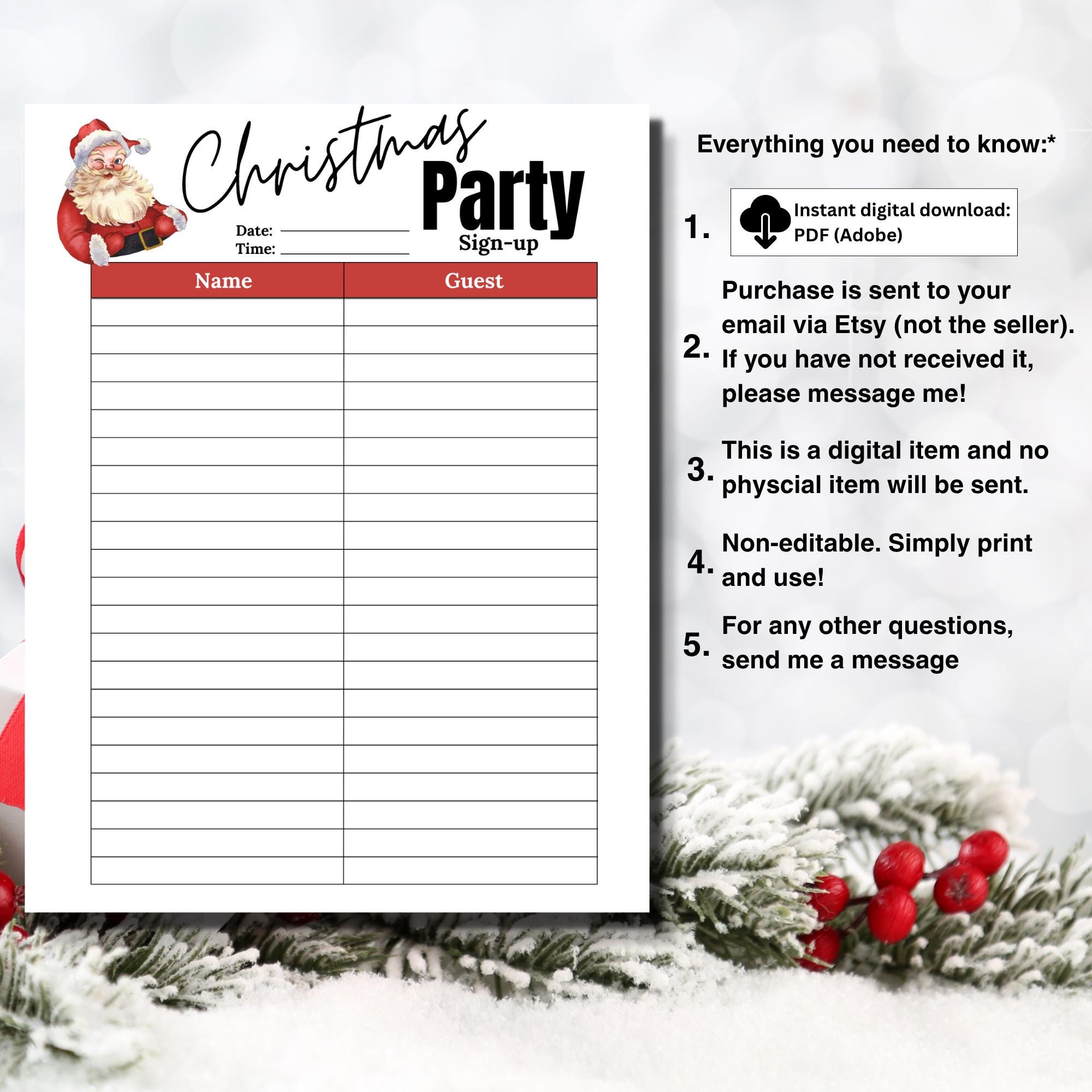 Christmas Party Sign up Sheet | Christmas Sign up | Party Sign up Sheet ...