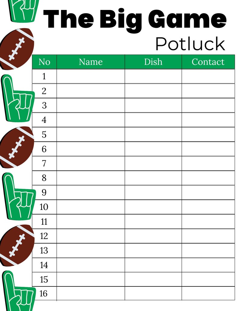 Potluck Sign up Sheet the Big Game Potluck Sign up Sheet Football ...