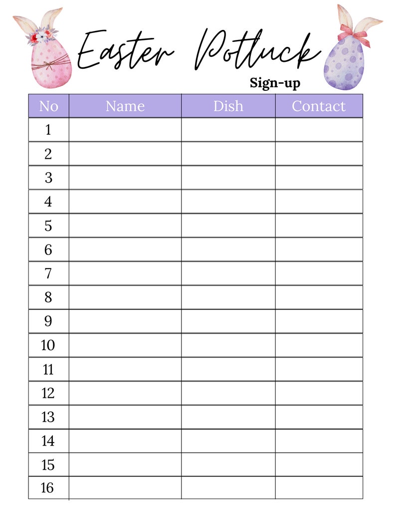Potluck Sign up Sheet | Easter Potluck Sign up Sheet | Easter Potluck ...