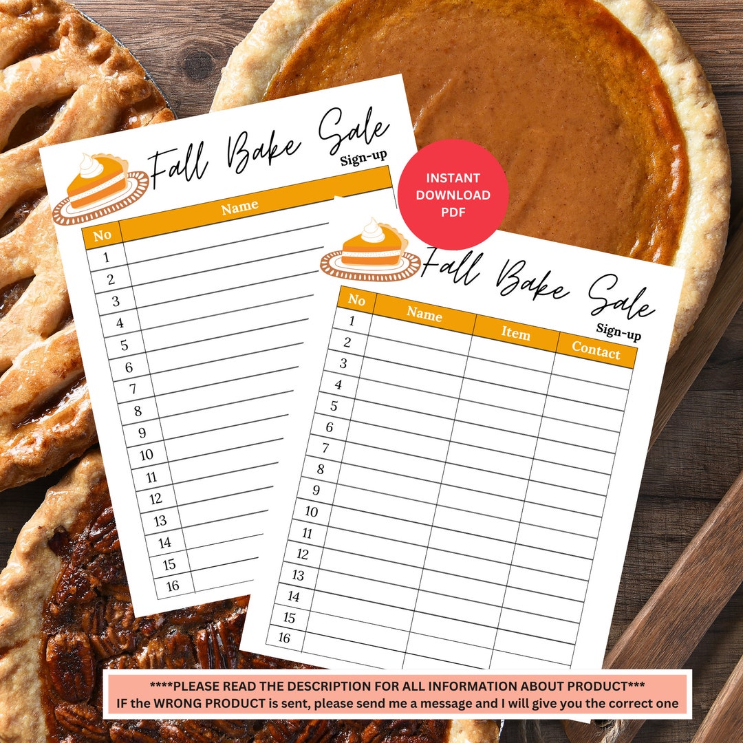 Fall Bake Sale Sign up Sheet | Bake Sale Sheet | Printable Bake Sale ...