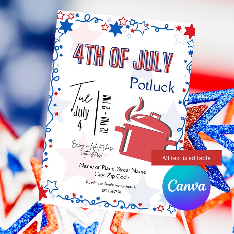 4th of July Potluck Invitation Template | July 4th Potluck Invite ...