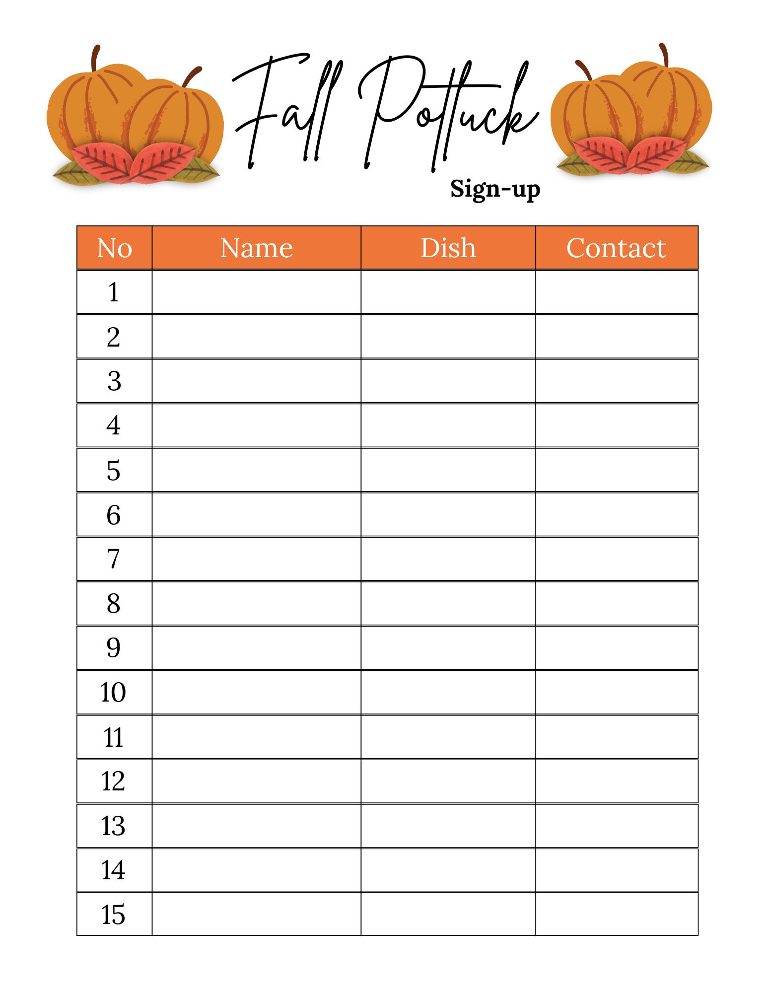 Potluck Sign up Sheet Fall Potluck Sign up Sheet - Etsy UK