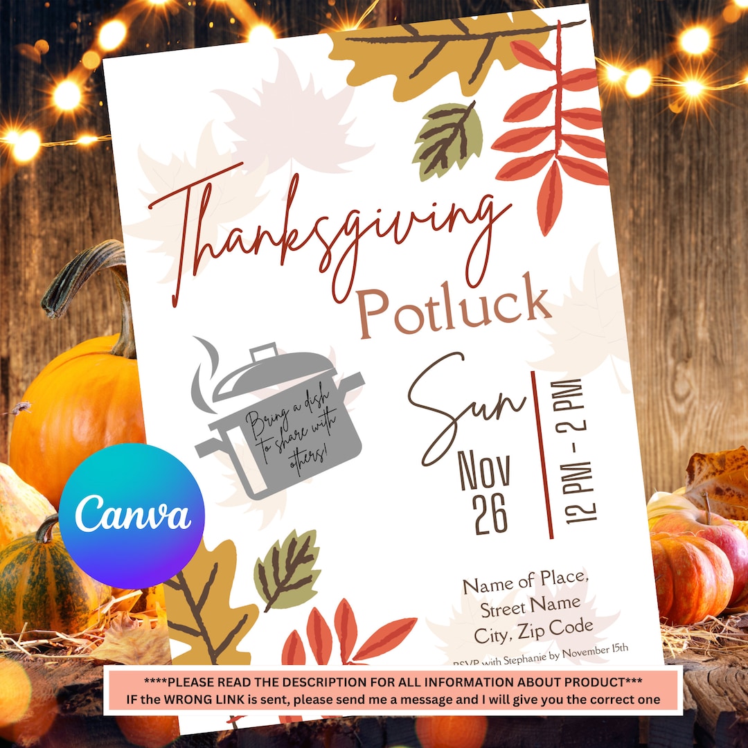 Thanksgiving Potluck Invite Template Editable Potluck Invitation ...