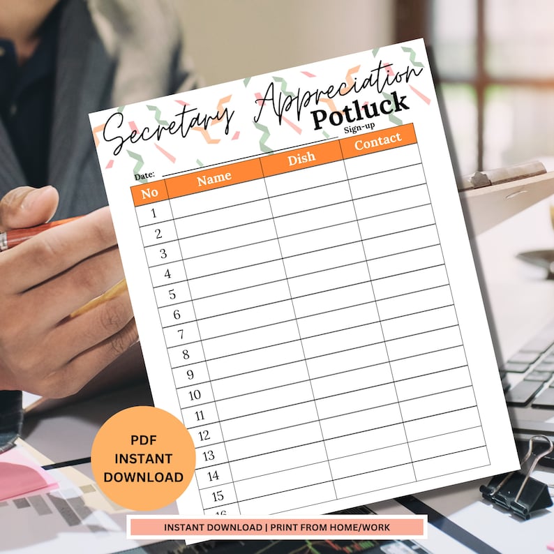 Secretary Appreciation Potluck Sign up Sheet | Work Appreciation ...