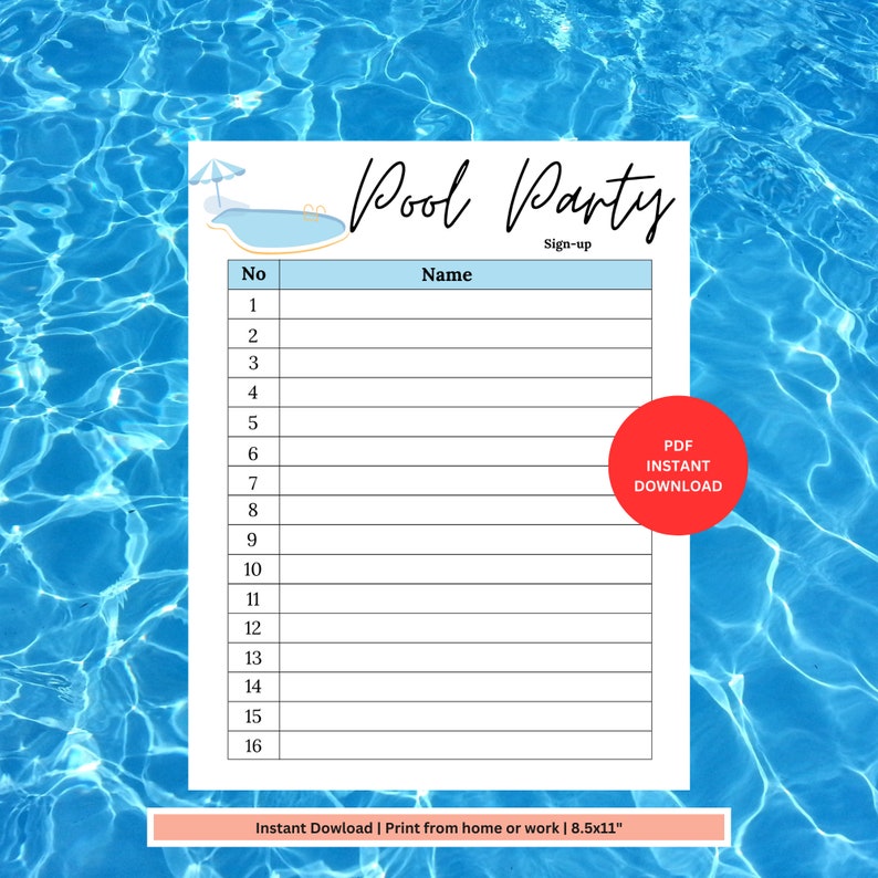 Pool Party Sign up Sheet | Summer Party Sheet | Printable Pool Party up ...