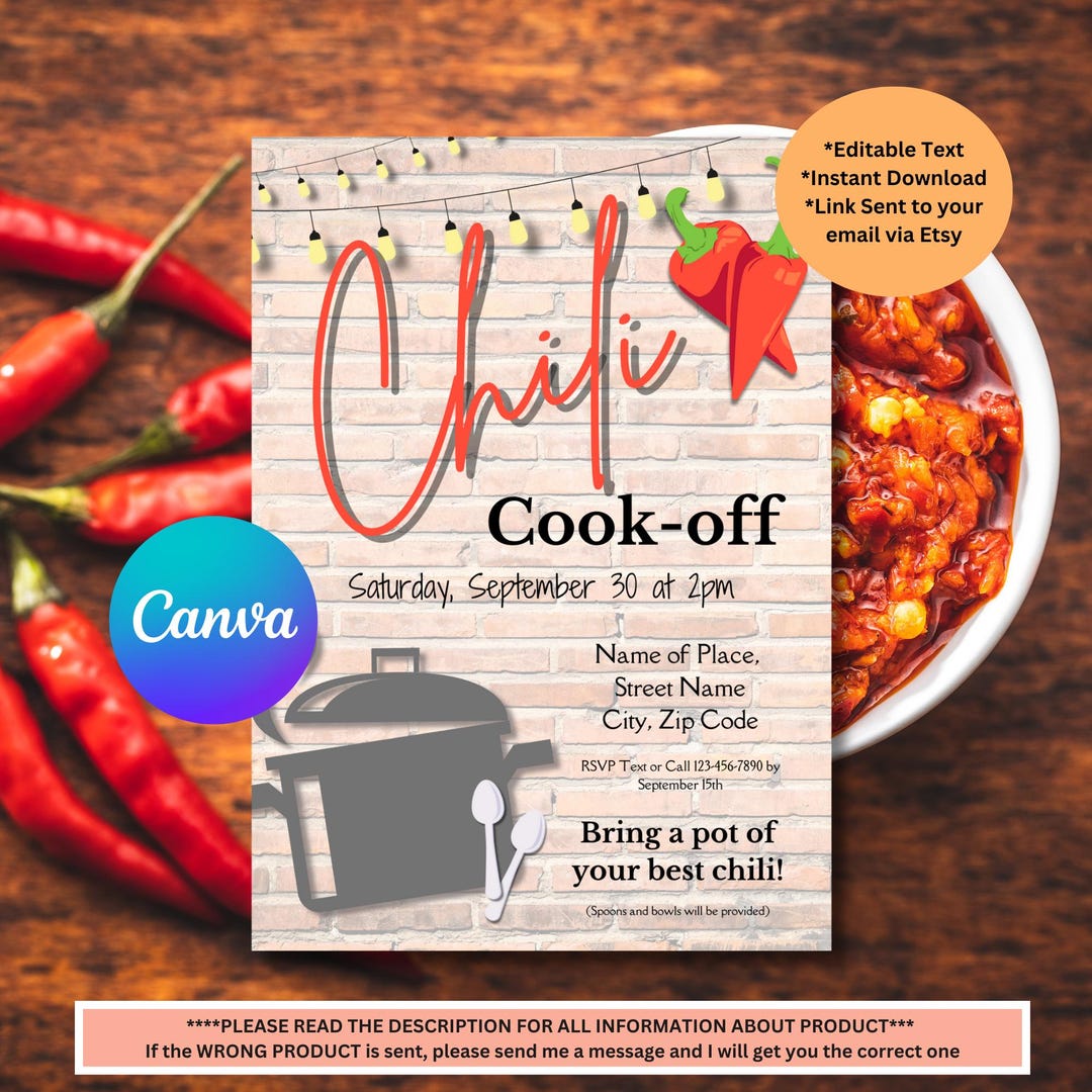 Chili Cook-off Potluck Invite Template | Editable Chili Cookoff Party ...