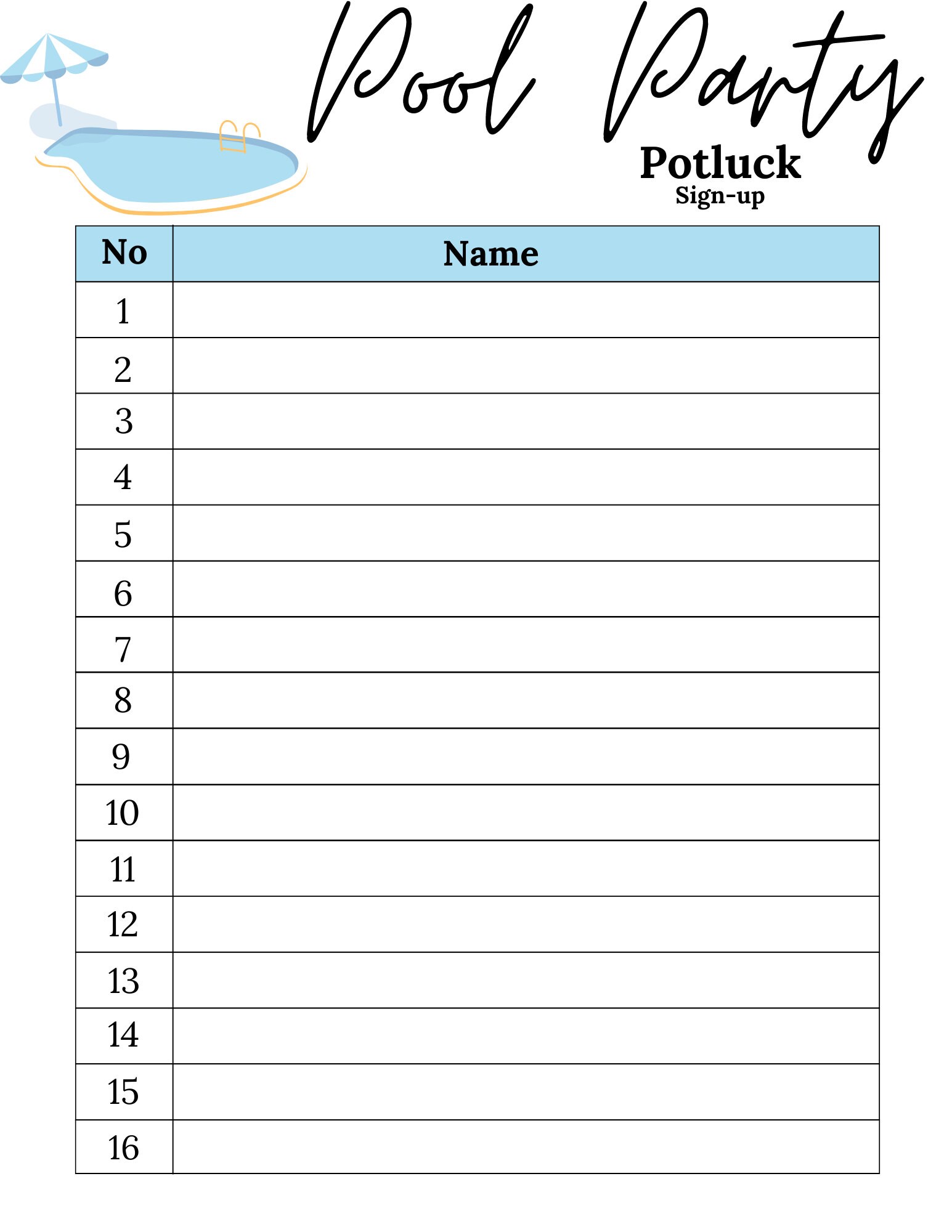 Potluck Sign up Sheet Pool Party Potluck Sign up Sheet - Etsy