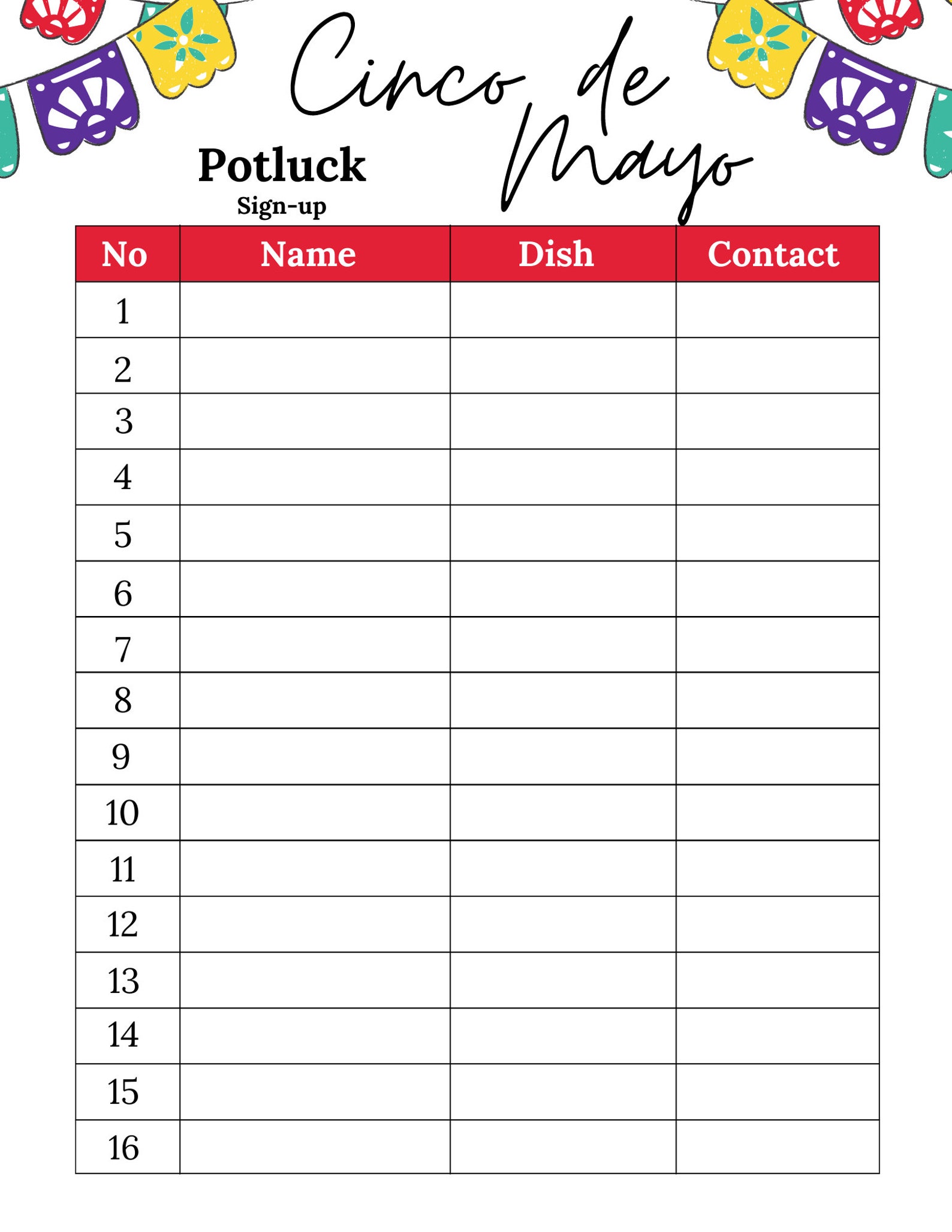 Potluck Sign up Sheet | Cinco De Mayo Potluck Sign up Sheet | Cinco De ...