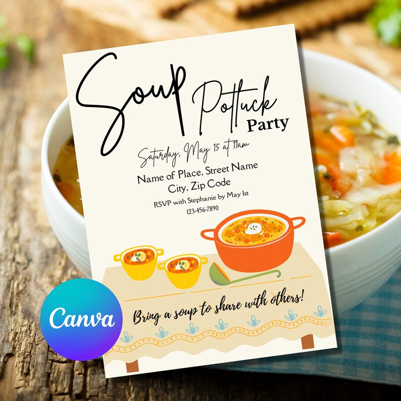 Soup Potluck Invite Template | Editable Potluck Invitation | Potluck ...