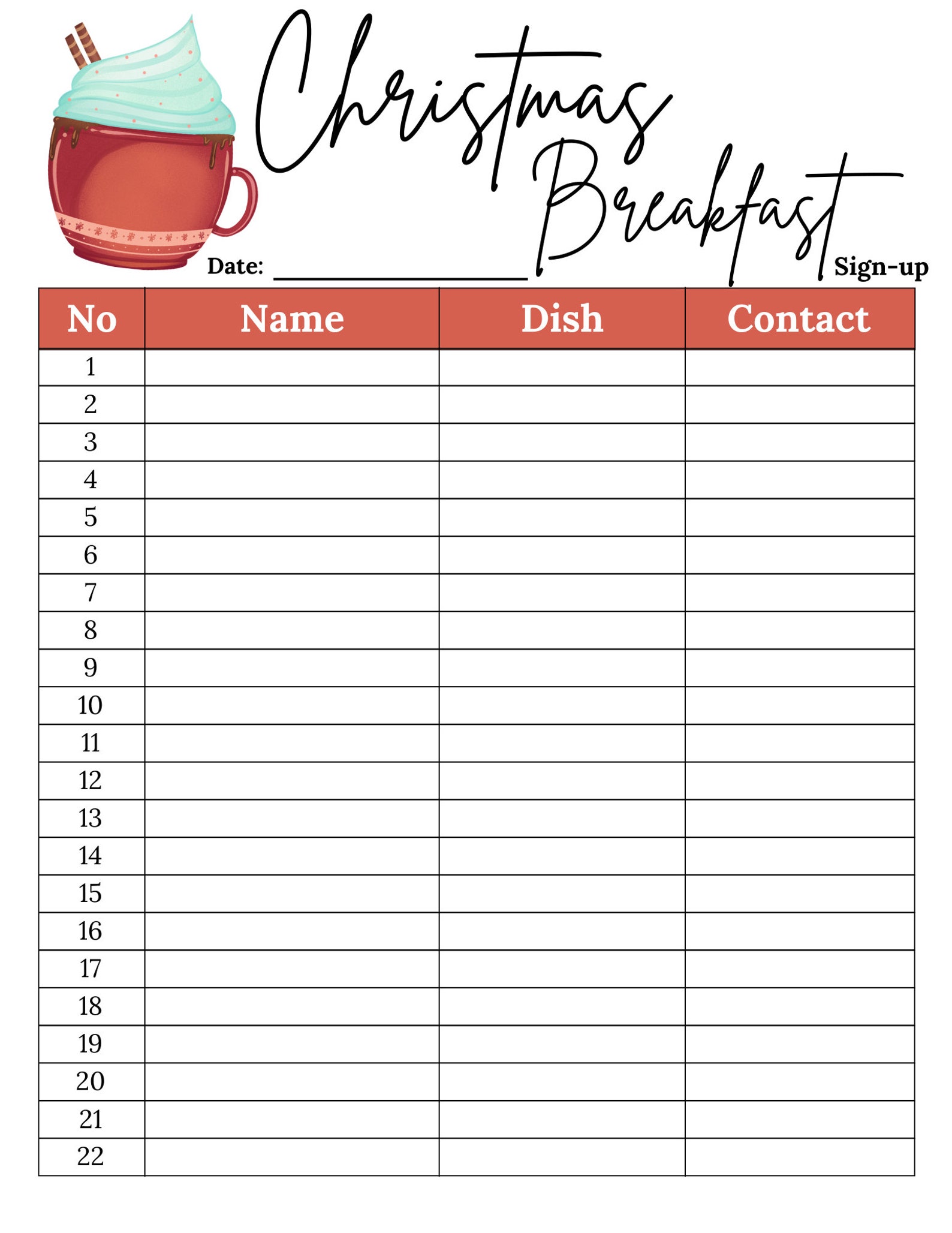 Christmas Breakfast Potluck Sign up Sheet | Christmas Breakfast Sign up ...
