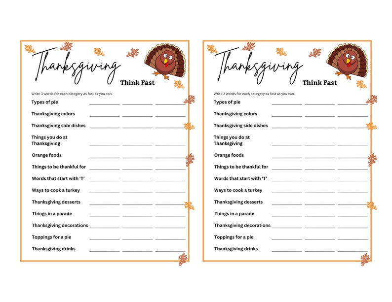 Think Fast Thanksgiving Game | Thanksgiving Printable Games ...