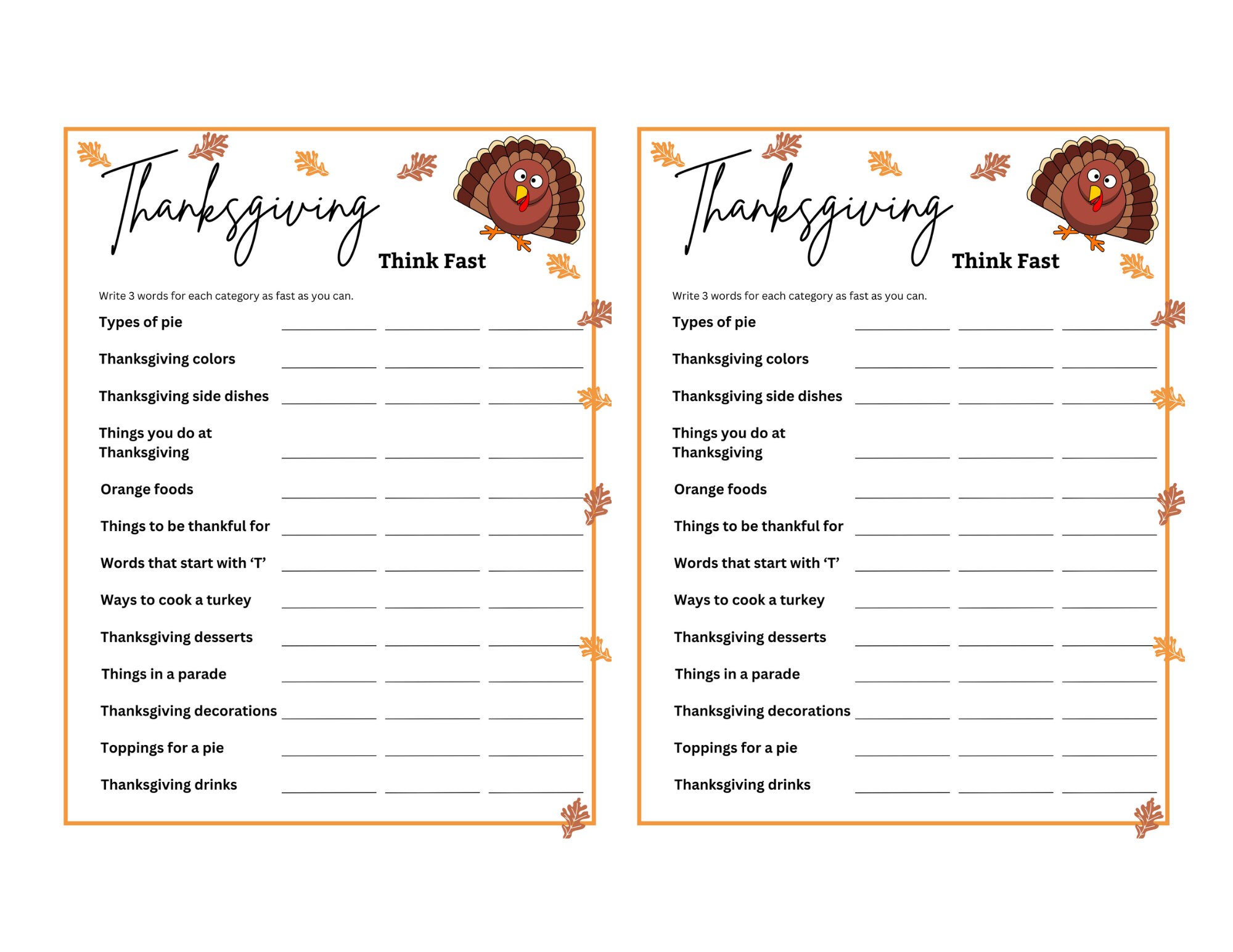 Think Fast Thanksgiving Game | Thanksgiving Printable Games ...