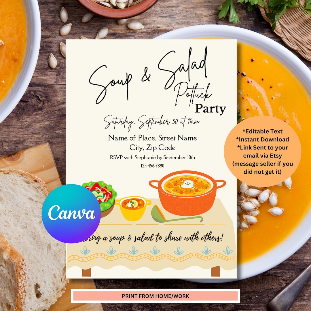 Soup and Salad Potluck Invitation Template | Soup and Salad Potluck ...