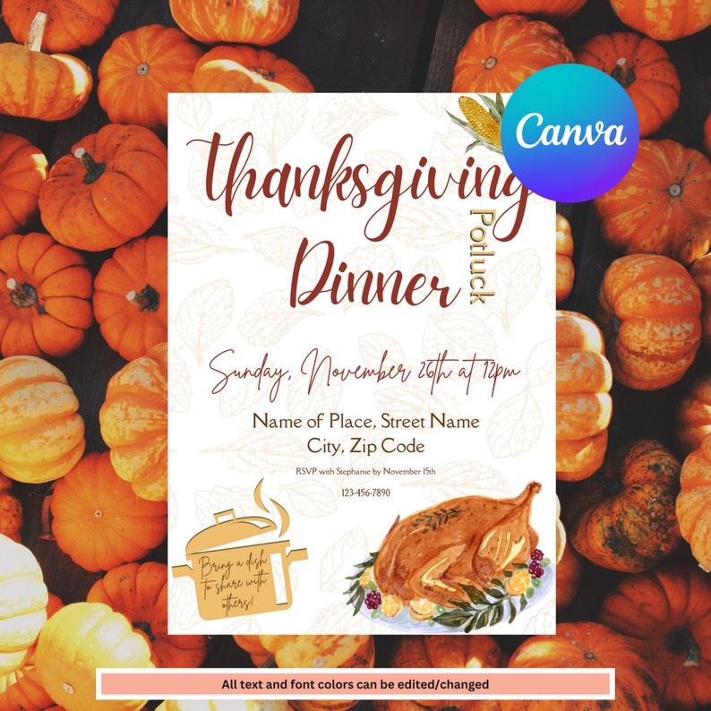 Thanksgiving Dinner Potluck Invite Template | Editable Potluck ...