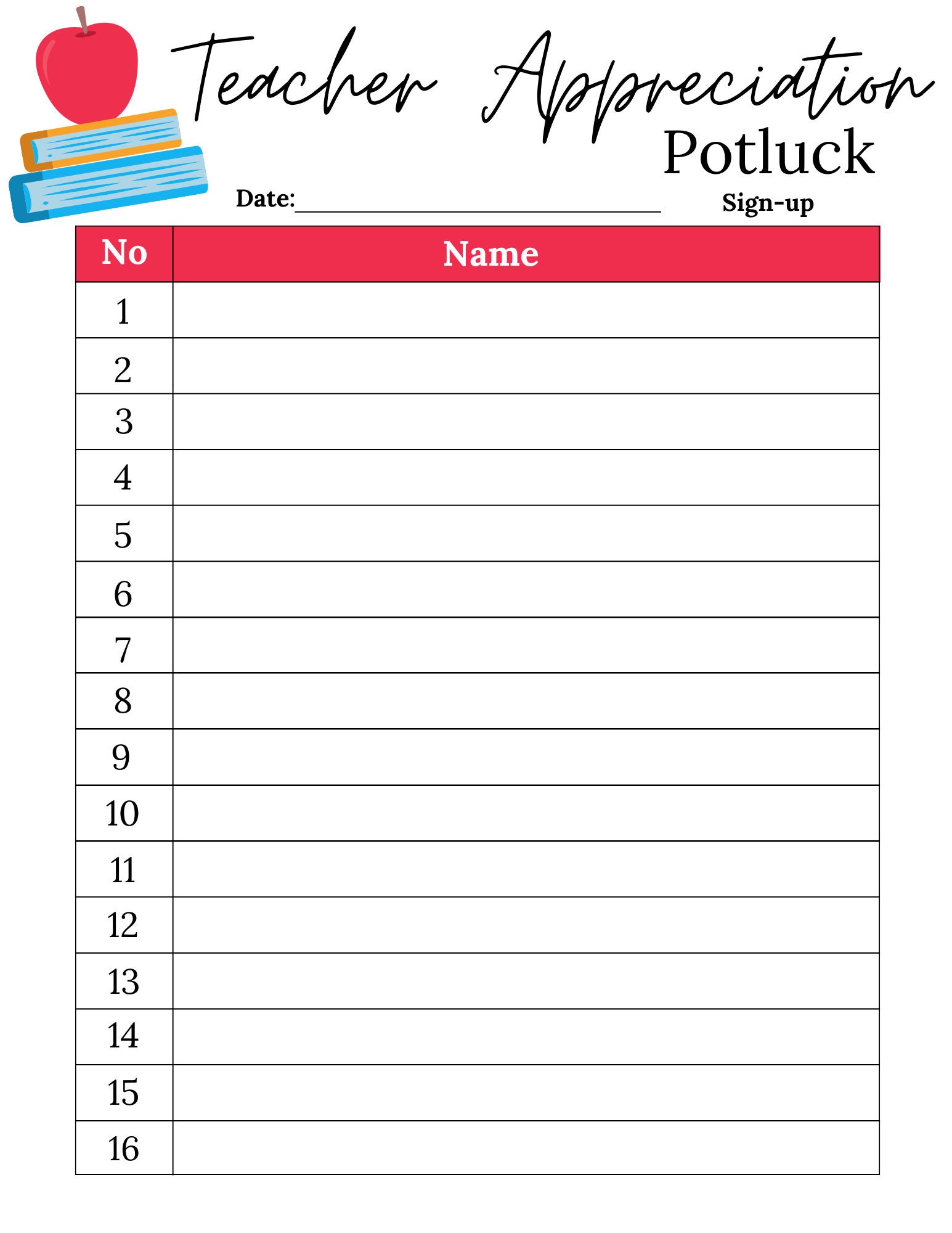 Teacher Appreciation Potluck Sign up Sheet Teacher Sign up Sheet School ...