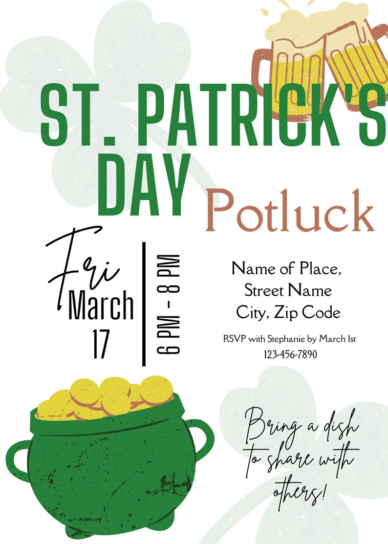St. Patrick's Day Potluck Invitation Template | St. Patrick's Day Party ...