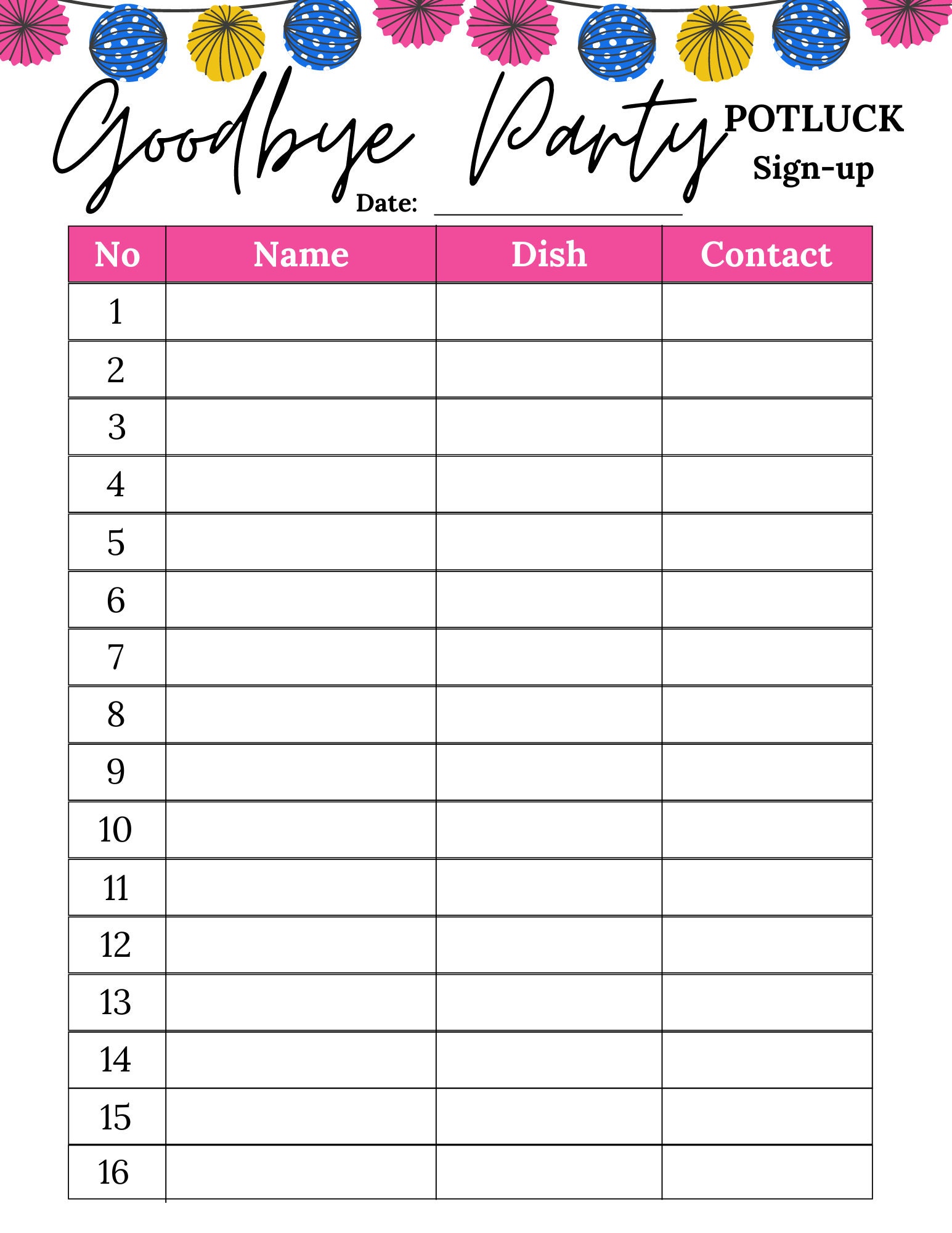 Goodbye Party Potluck Sign up Sheet | Leaving Party Potluck Sheet ...