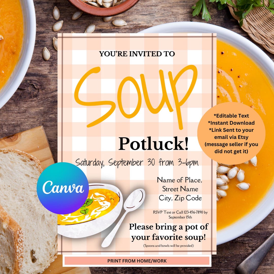 Soup Potluck Party Invite Template | Editable Soup Potluck| Soup ...