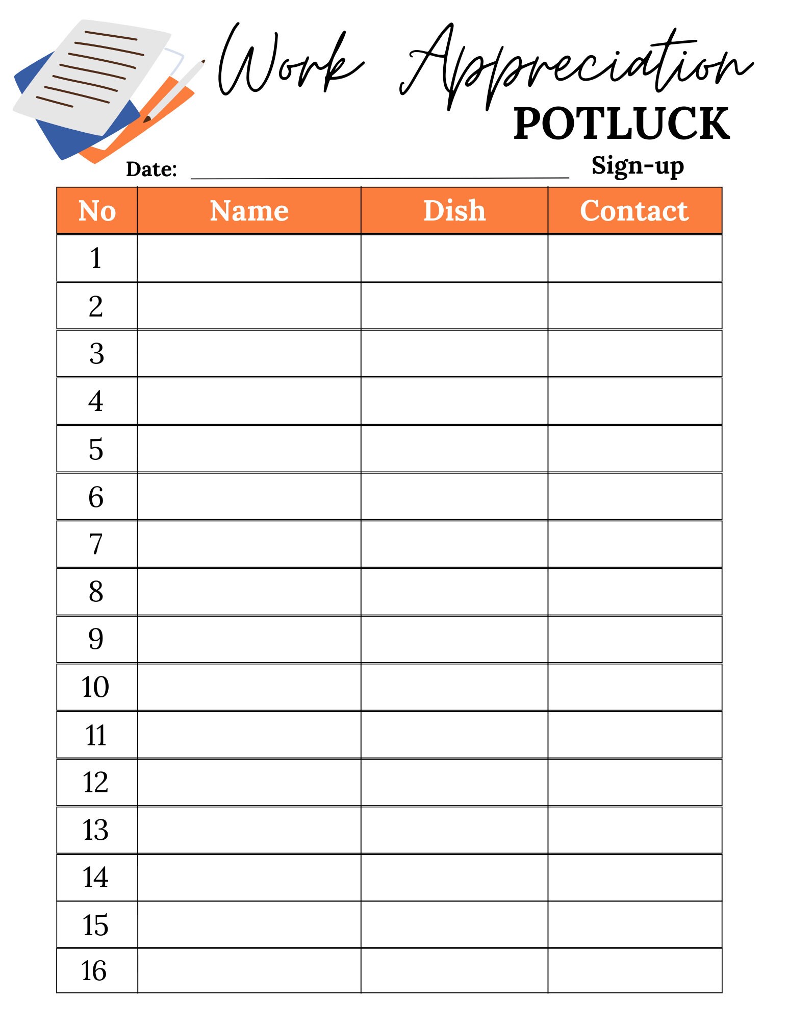 Work Appreciation Potluck Sign up Sheet | Employee Appreciation Potluck ...