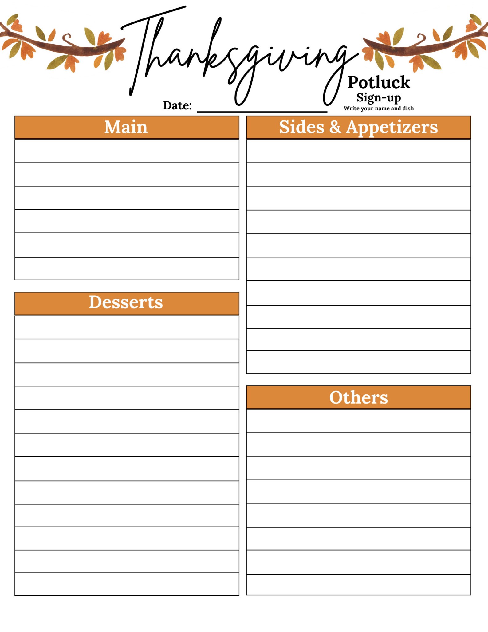 Potluck Sign up Sheet Thanksgiving Potluck Sign up Sheet Thanksgiving ...