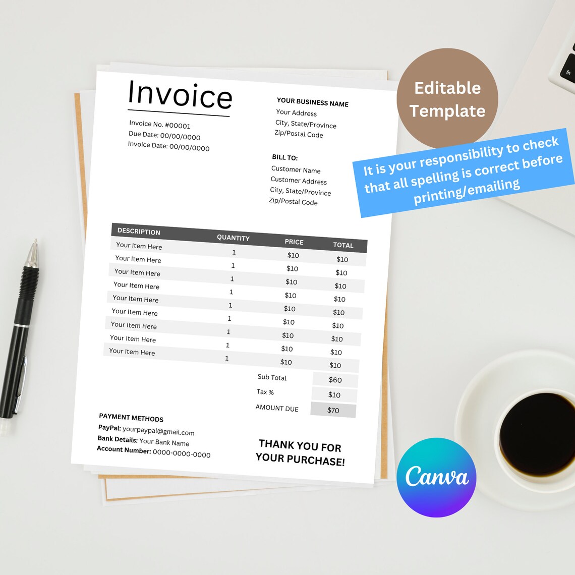 Invoice Template Download Invoice Template Canva Editable Template ...