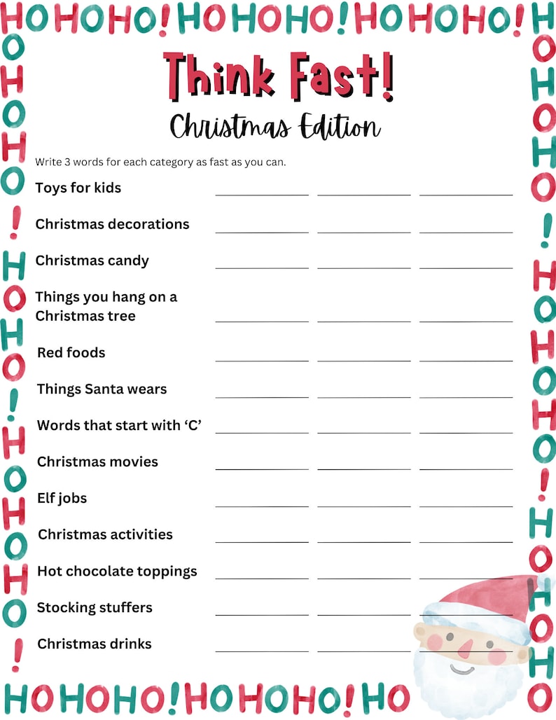 Think Fast Christmas Game | Christmas Printable Games | Christmas ...