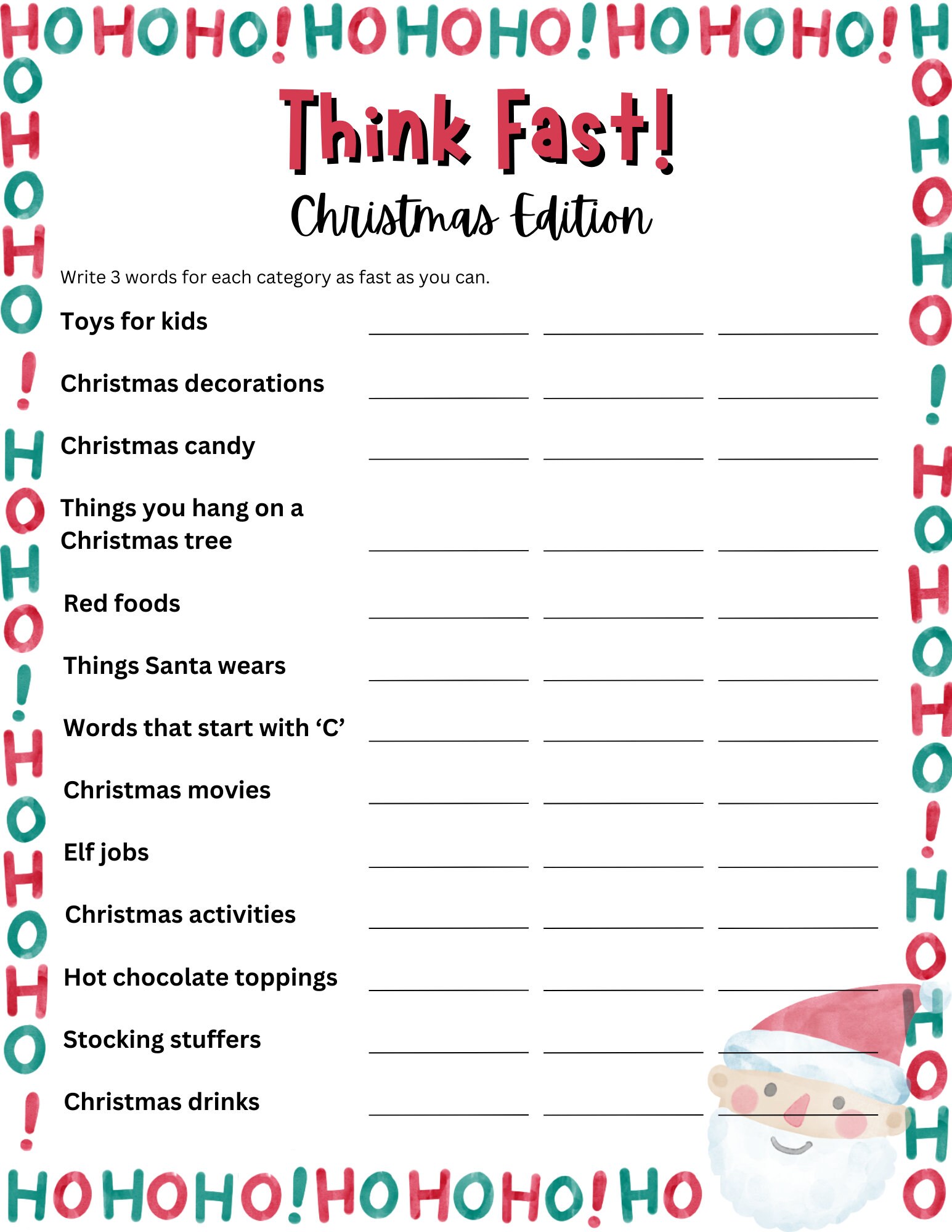 Think Fast Christmas Game | Christmas Printable Games | Christmas ...