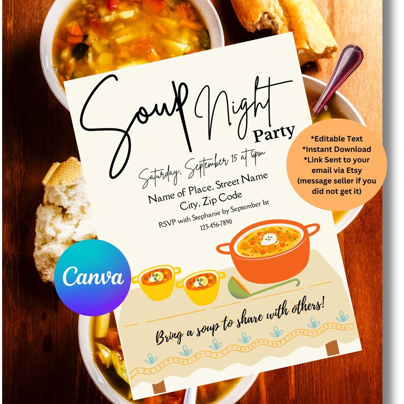 Soup Night Potluck Party Invite Template | Editable Soup Night | Soup ...