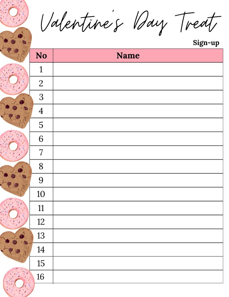 Valentine's Day Treat Sign up Sheet | Valentines Day Dessert | Cookie ...
