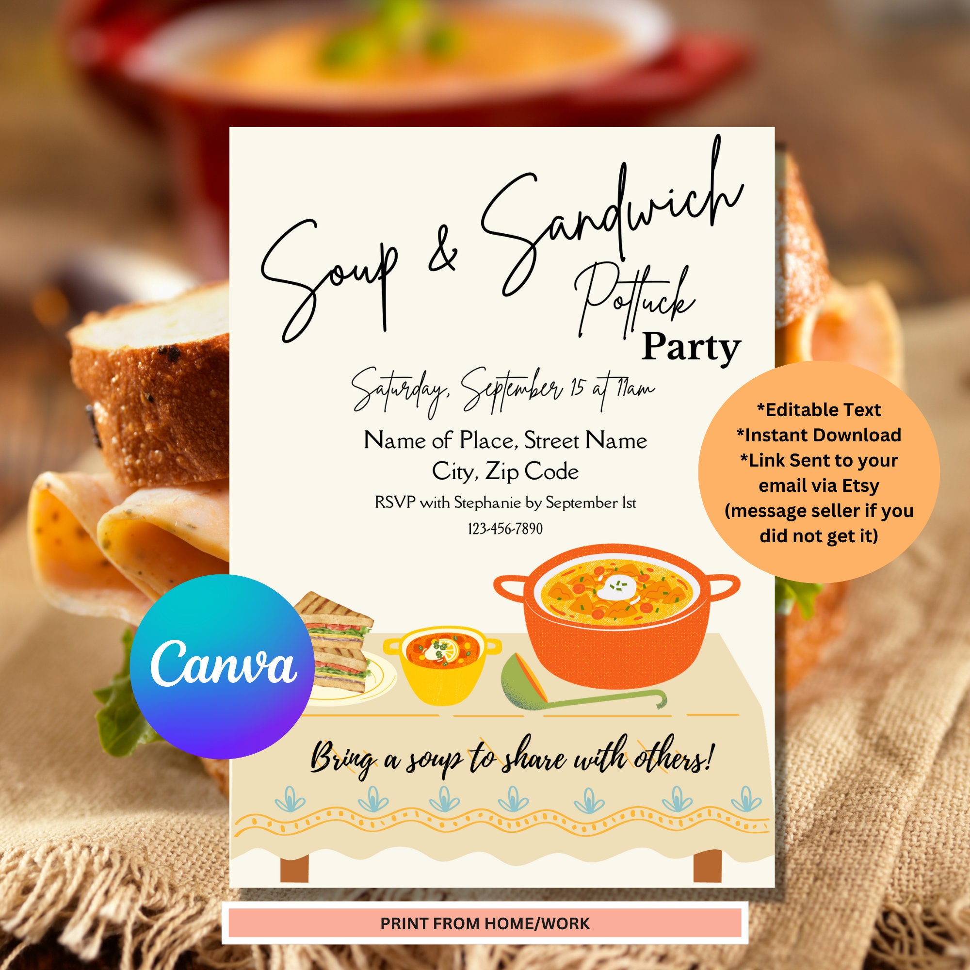 Soup and Sandwich Potluck Invitation Template | Soup and Sandwich ...