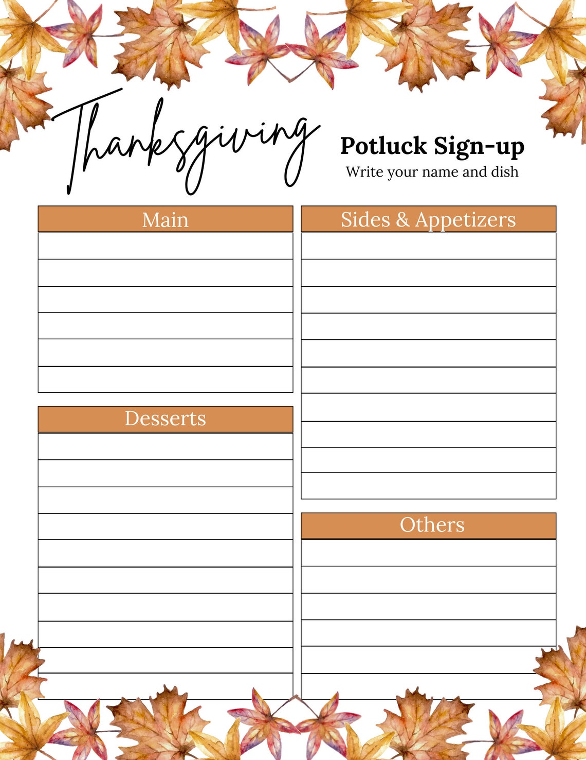 Potluck Sign up Sheet Thanksgiving Potluck Sign up Sheet - Etsy
