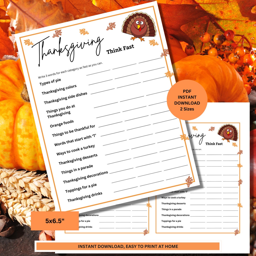 Think Fast Thanksgiving Game | Thanksgiving Printable Games ...