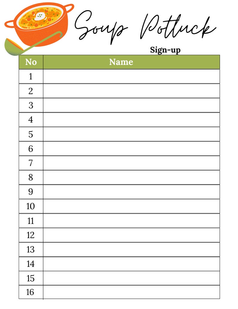 Potluck Sign up Sheet | Soup Potluck Sign up Sheet | Soup Potluck Sheet ...