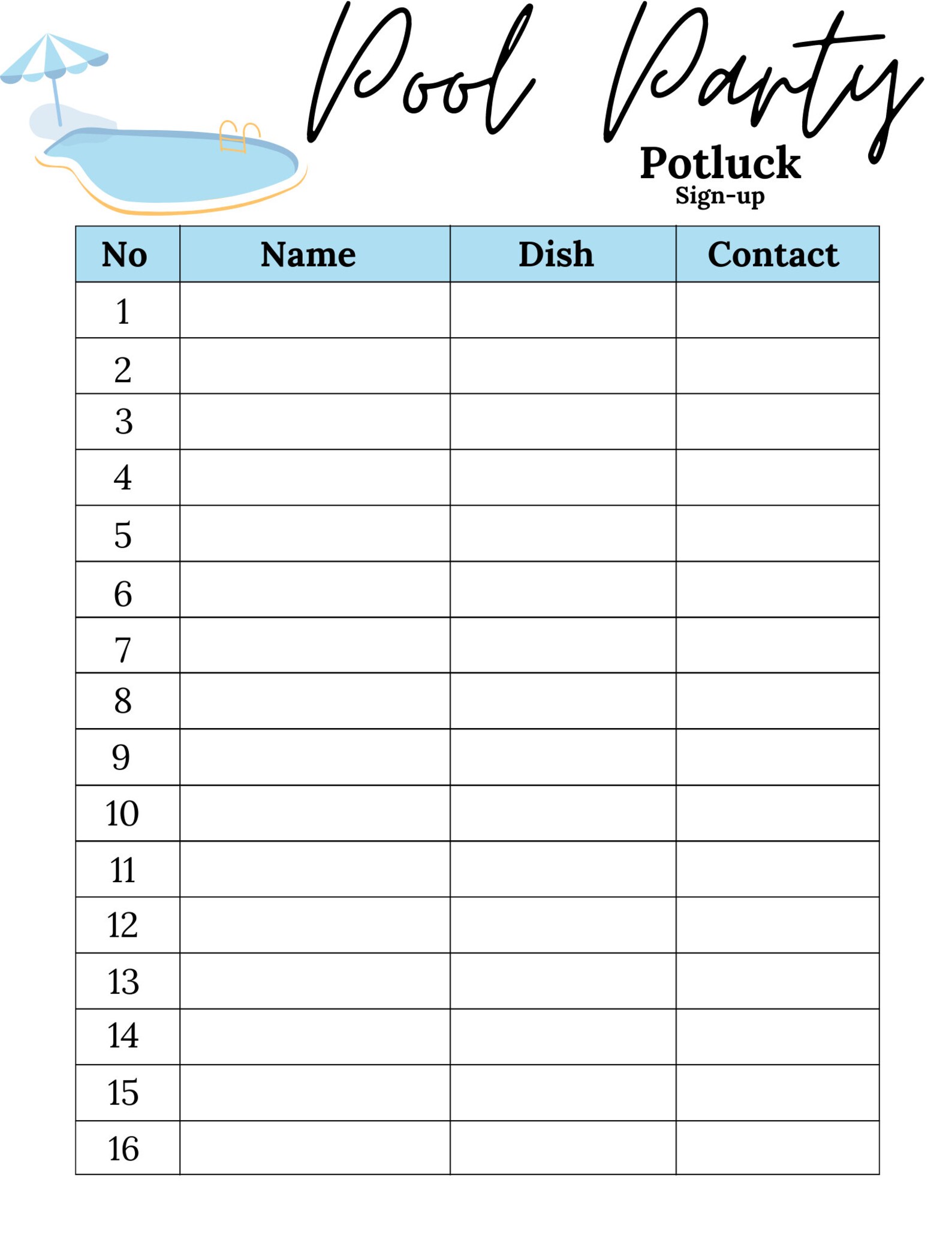 Potluck Sign up Sheet Pool Party Potluck Sign up Sheet - Etsy