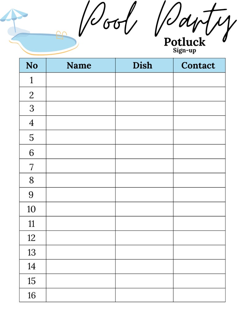 Potluck Sign up Sheet Pool Party Potluck Sign up Sheet - Etsy