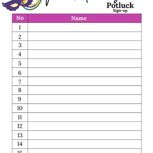 Potluck Sign up Sheet | Mardi Gras Potluck Sign up Sheet | Mardi Gras ...