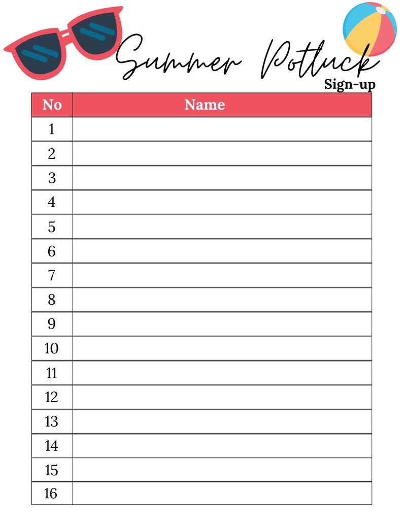 Summer Potluck Sign up Sheet | Summer Potluck Sheet | Summer Potluck ...