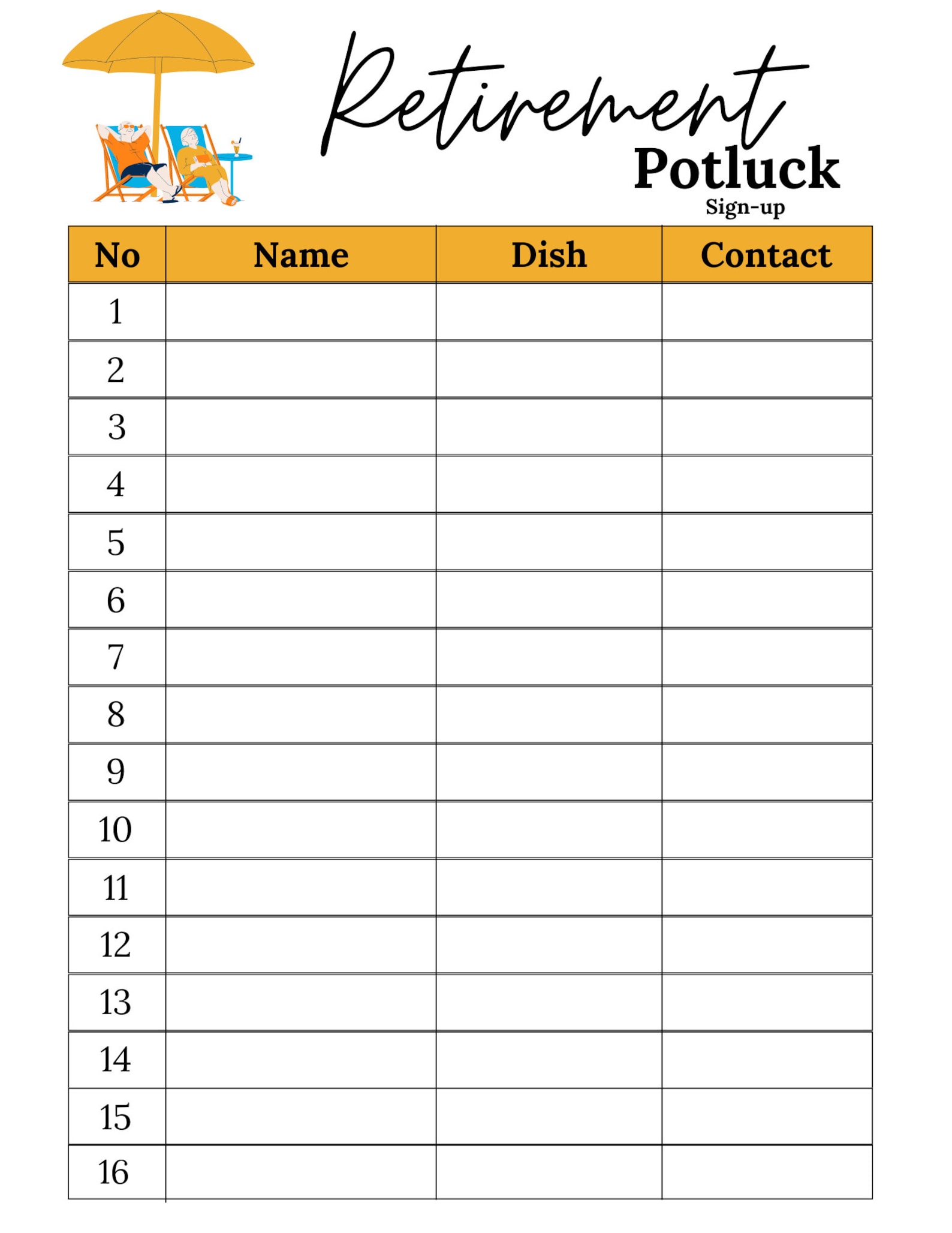 Potluck Sign up Sheet Retirement Potluck Sign up Sheet Retirement ...