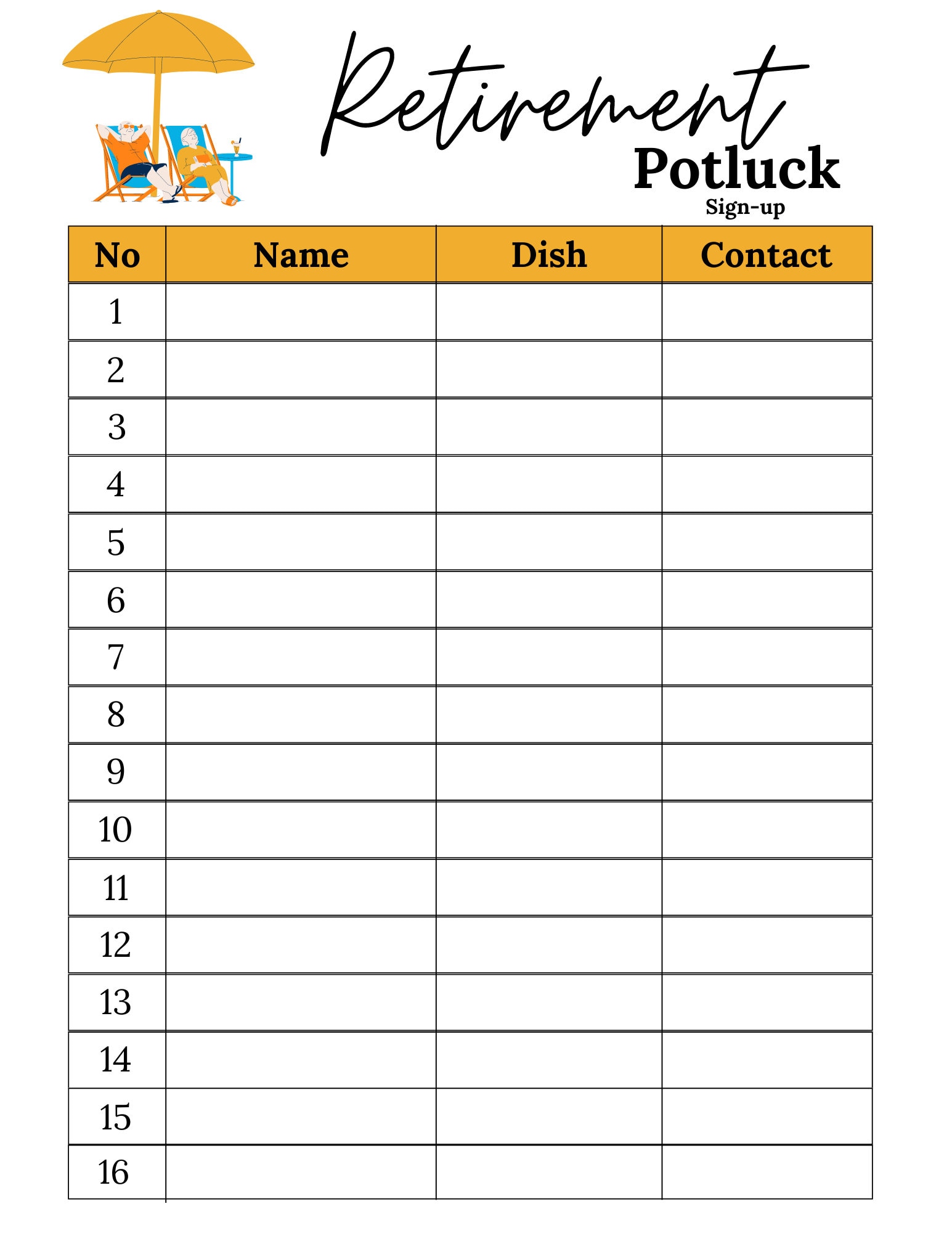 Potluck Sign up Sheet Retirement Potluck Sign up Sheet Retirement ...