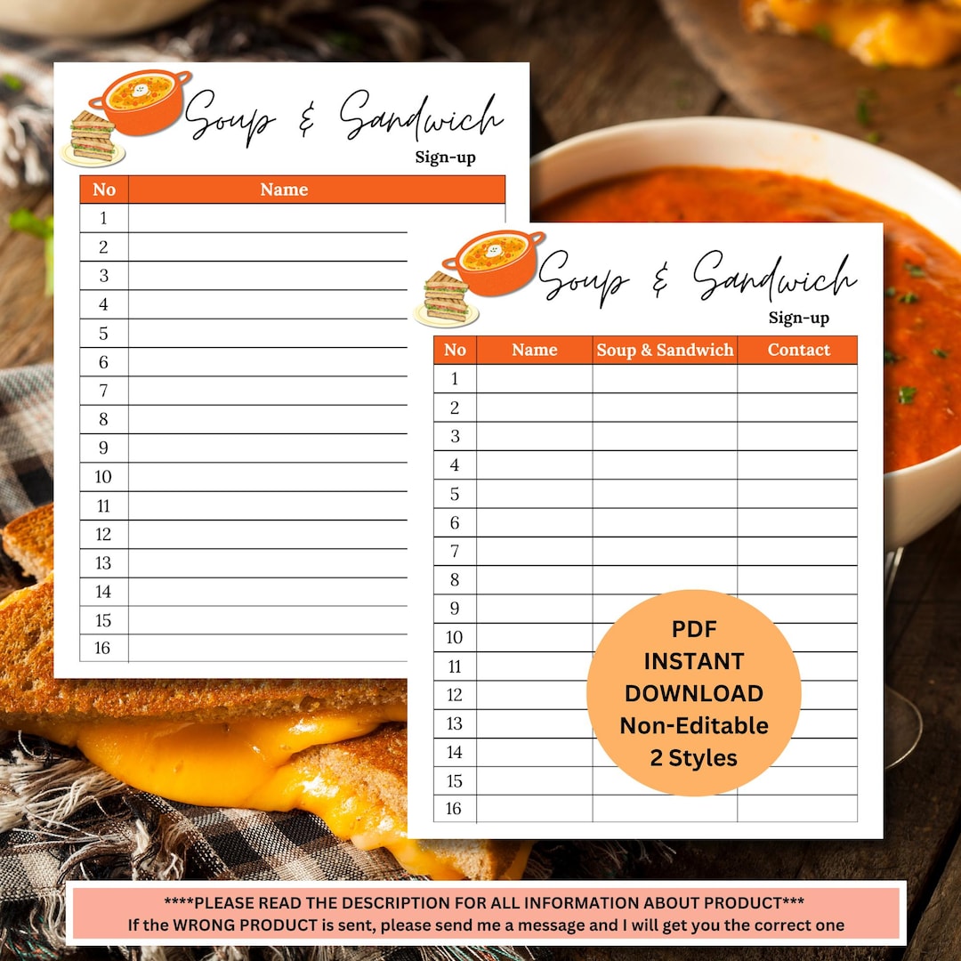 Soup & Sandwich Potluck Sign up Sheet | Soup and Sandwich Potluck Sheet ...