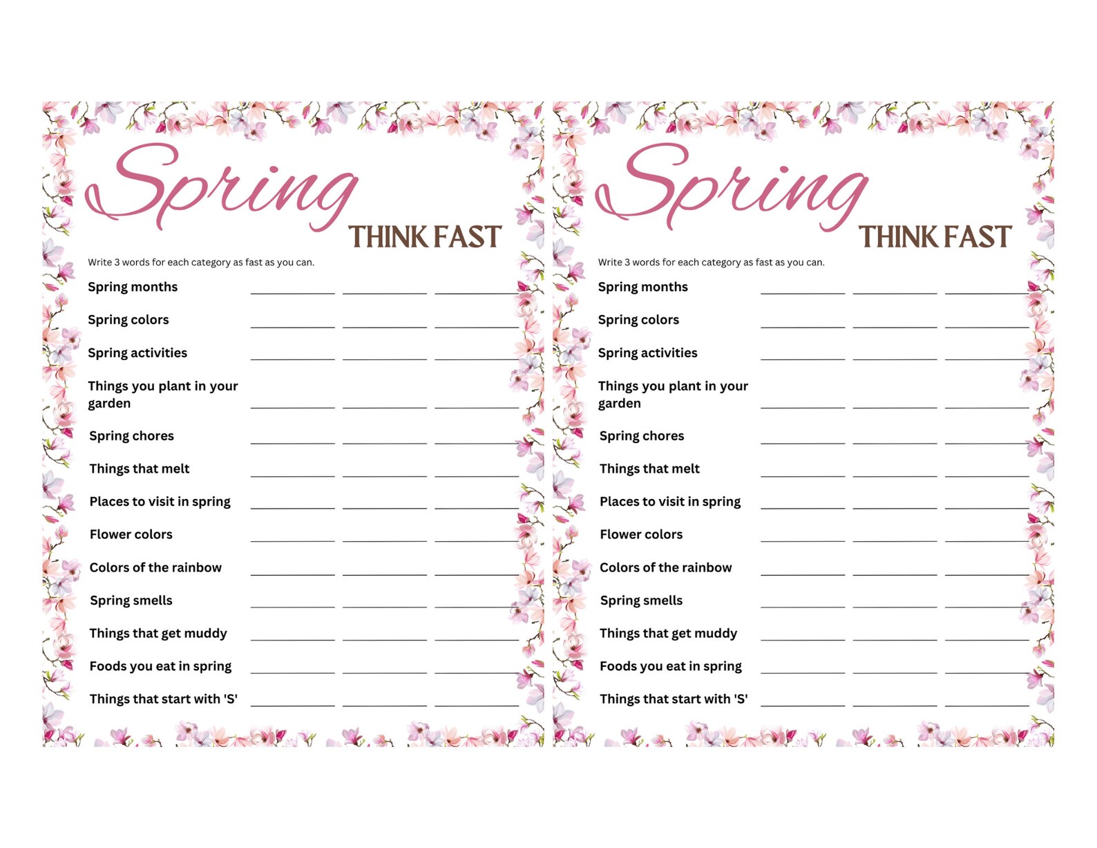 Think Fast Spring Game | Spring Printable Games | Spring Activities ...