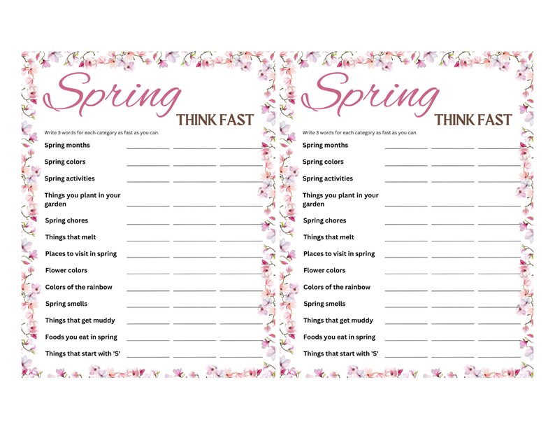 Think Fast Spring Game | Spring Printable Games | Spring Activities ...