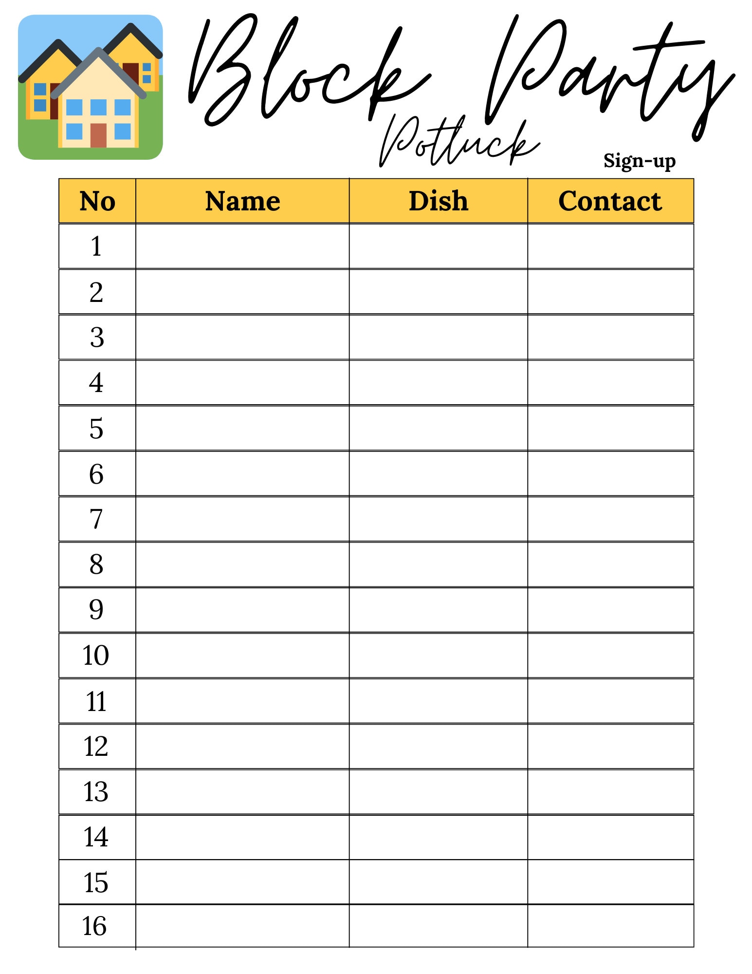 Potluck Sign up Sheet | Block Party Potluck Sign up Sheet ...